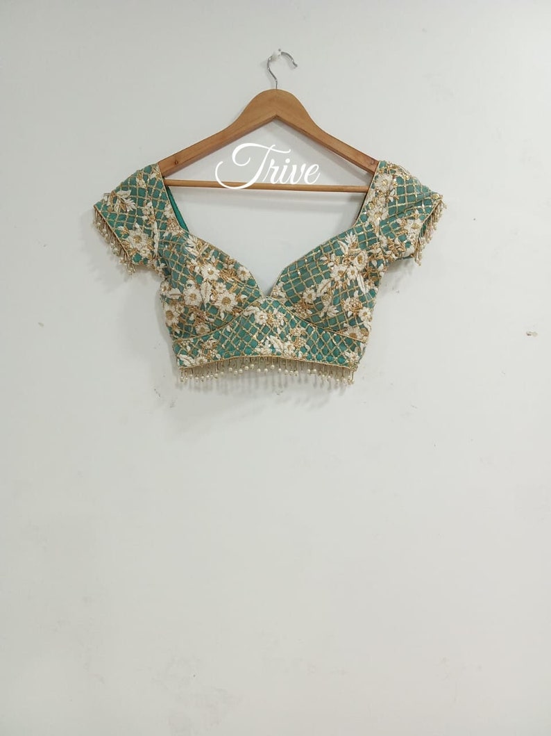 Made to Order Indian Blouse Sea Green Embroidered Net Sweetheart Neck ...