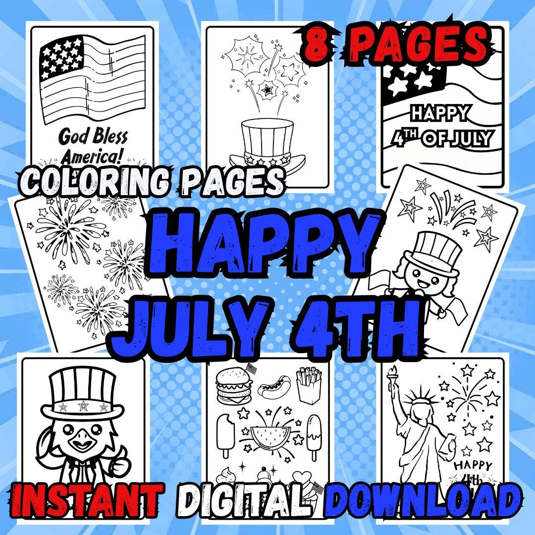 Fourth of July Coloring Pages – Patriotic Kids Activity (PDF, PNG) - Etsy