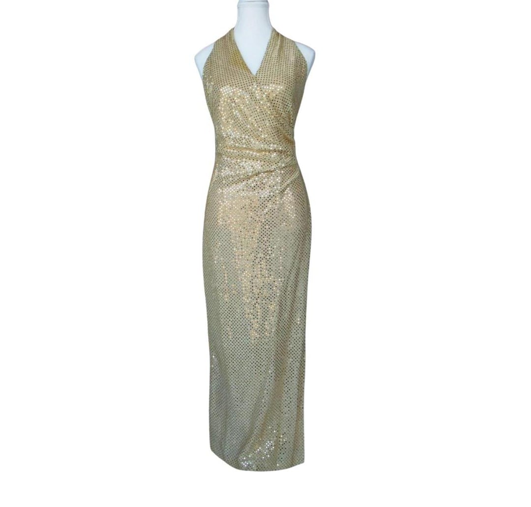 Chicas California Y2K Gold Glitter Long Backless Halter Neck Dress - Etsy