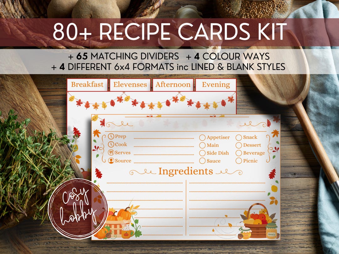 Fall Recipe Cards Set With Kitchen Recipe Box Dividers for Handwritten ...