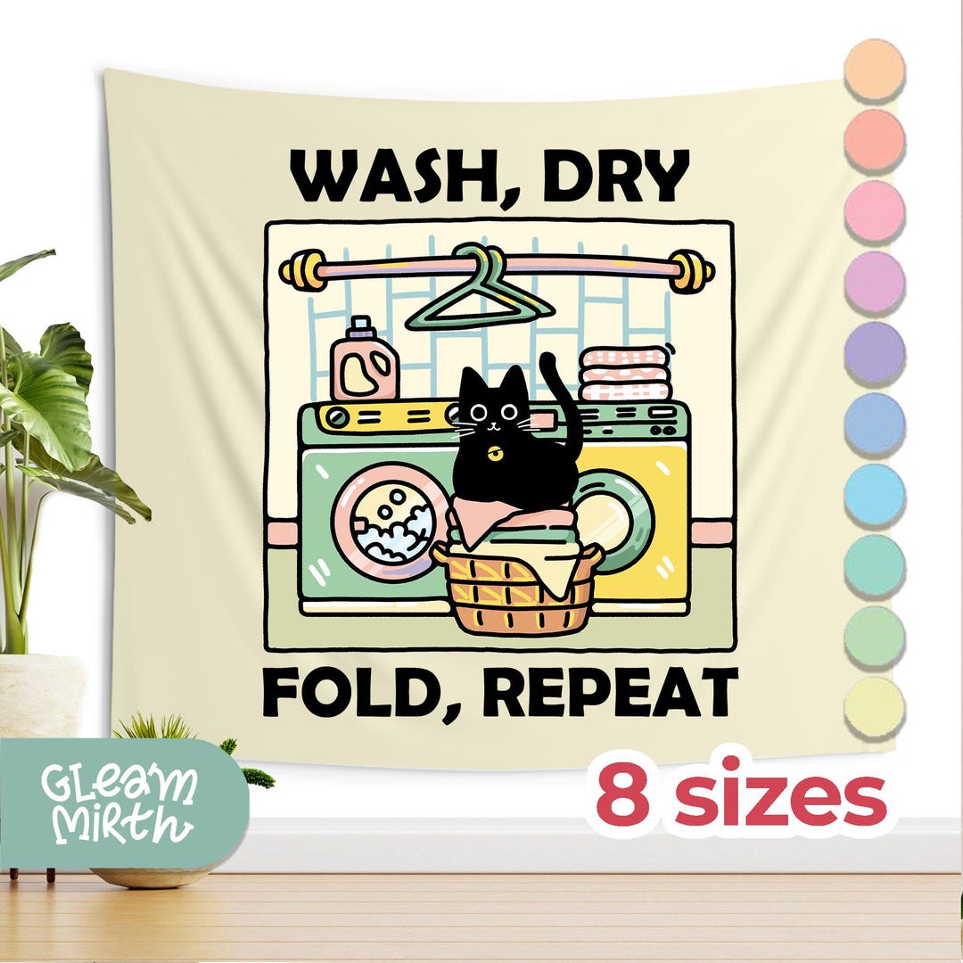 Wash Dry Fold Repeat Black Cat Wall Tapestries, Funny Black Cat ...