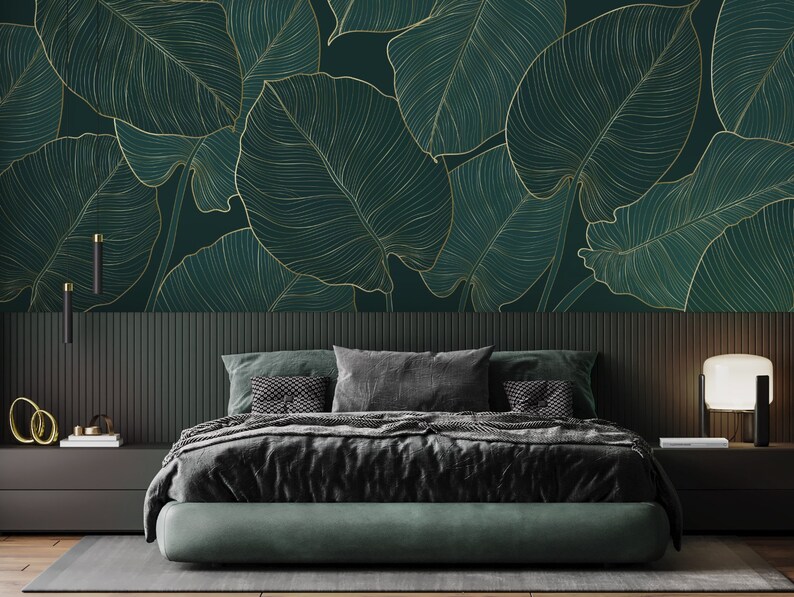 Abstract Big Leaf Design for Luxury Home Decor Wallpaper -dark Green ...