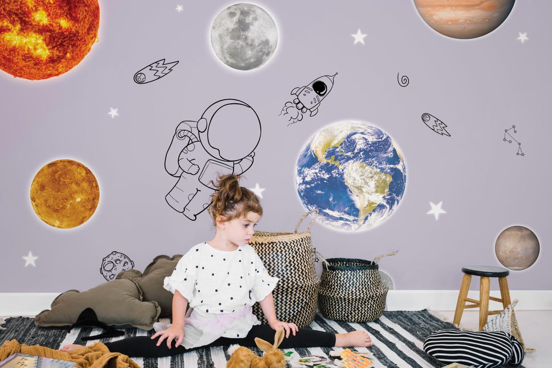 Kids Space Wall Mural With Astronaut Planets And Stars Outer Space Kids Space Wall Mural With Astronaut Planets And Stars Outer Space