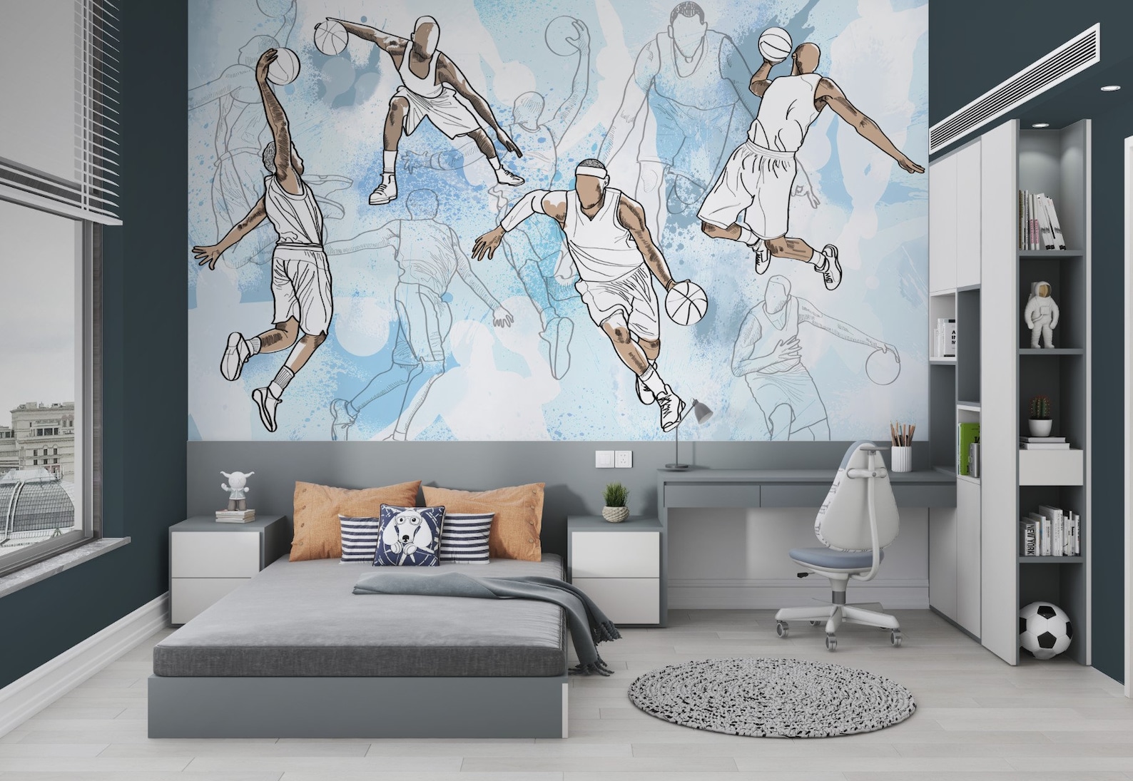 Light Blue Basketball Themed Wallpaper Design for Nursery -sport Design ...
