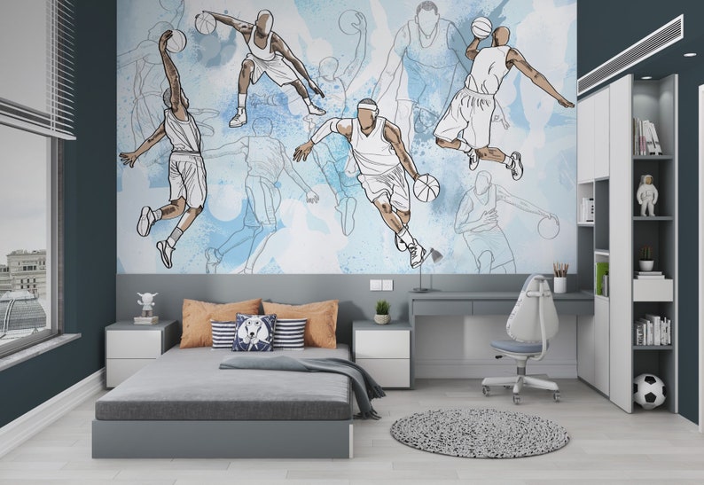 Light Blue Basketball Themed Wallpaper Design for Nursery -sport Design ...