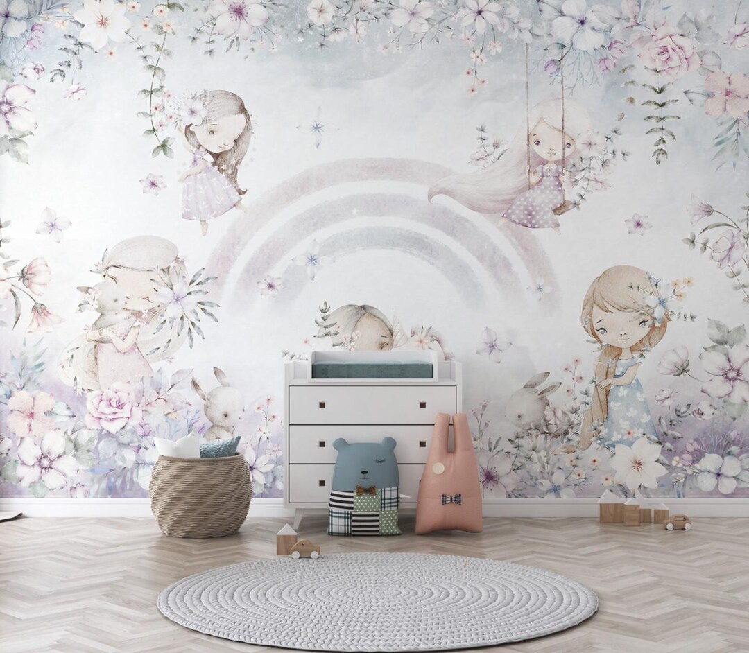 Soft Princess Themed Mural for Girls Room- Girls and Rainbow Design for ...