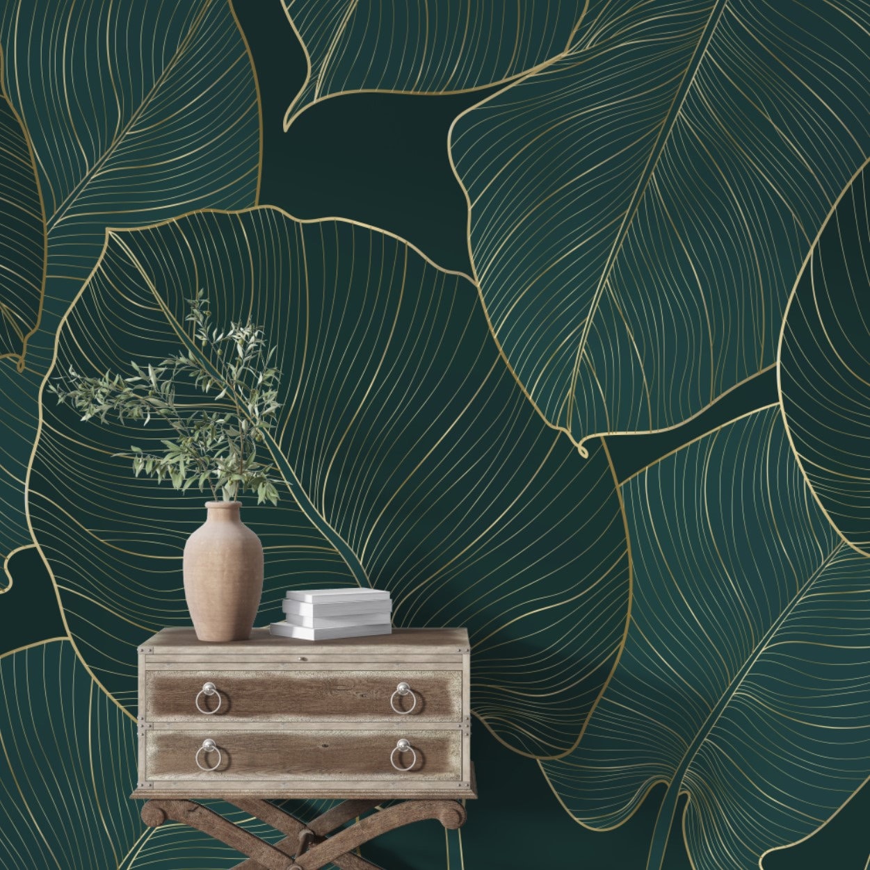 Abstract Big Leaf Design for Luxury Home Decor Wallpaper dark Green ...