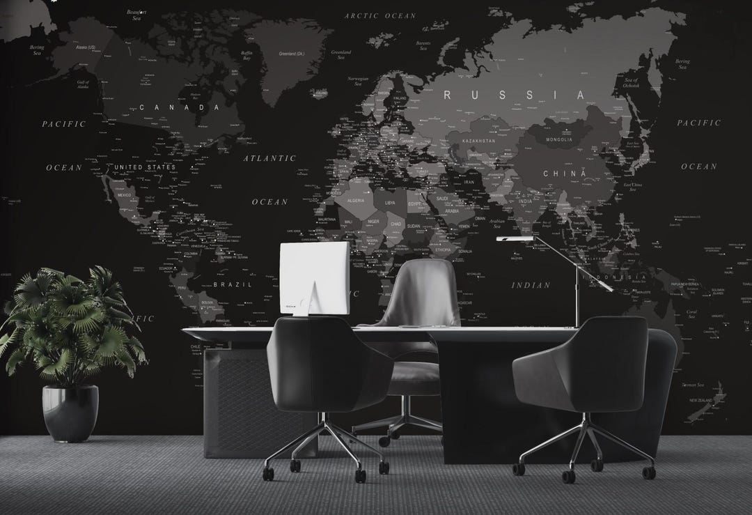 Black World Map Themed Wallpaper Design for Office Decor-map Mural ...