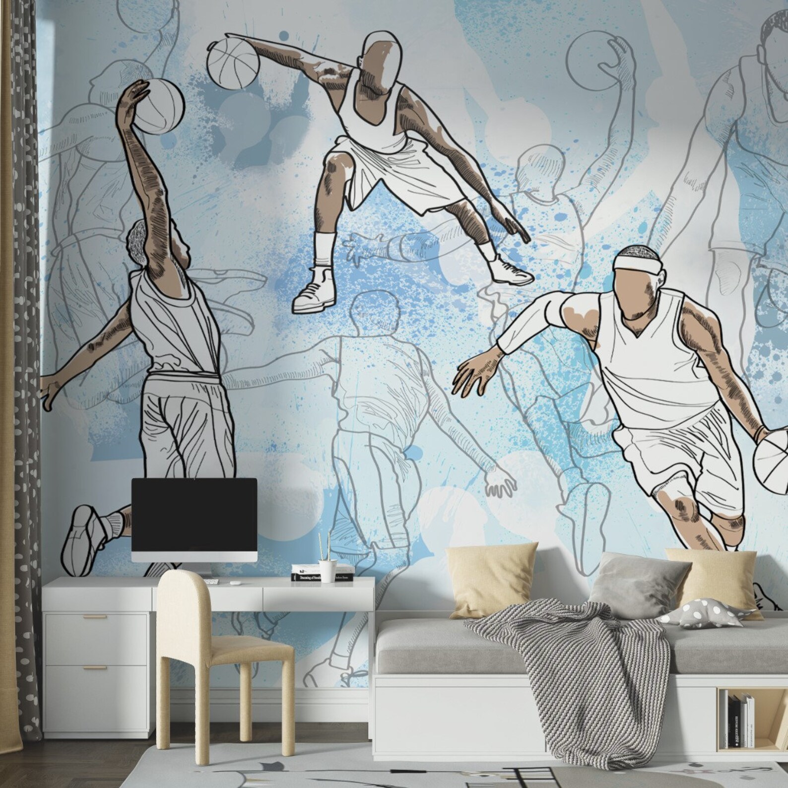 Light Blue Basketball Themed Wallpaper Design for Nursery -sport Design ...