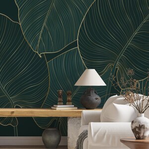 Abstract Big Leaf Design for Luxury Home Decor Wallpaper -dark Green ...