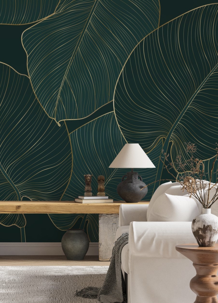 Abstract Big Leaf Design for Luxury Home Decor Wallpaper -dark Green ...