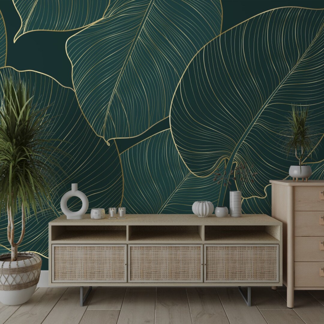 Abstract Big Leaf Design for Luxury Home Decor Wallpaper -dark Green ...