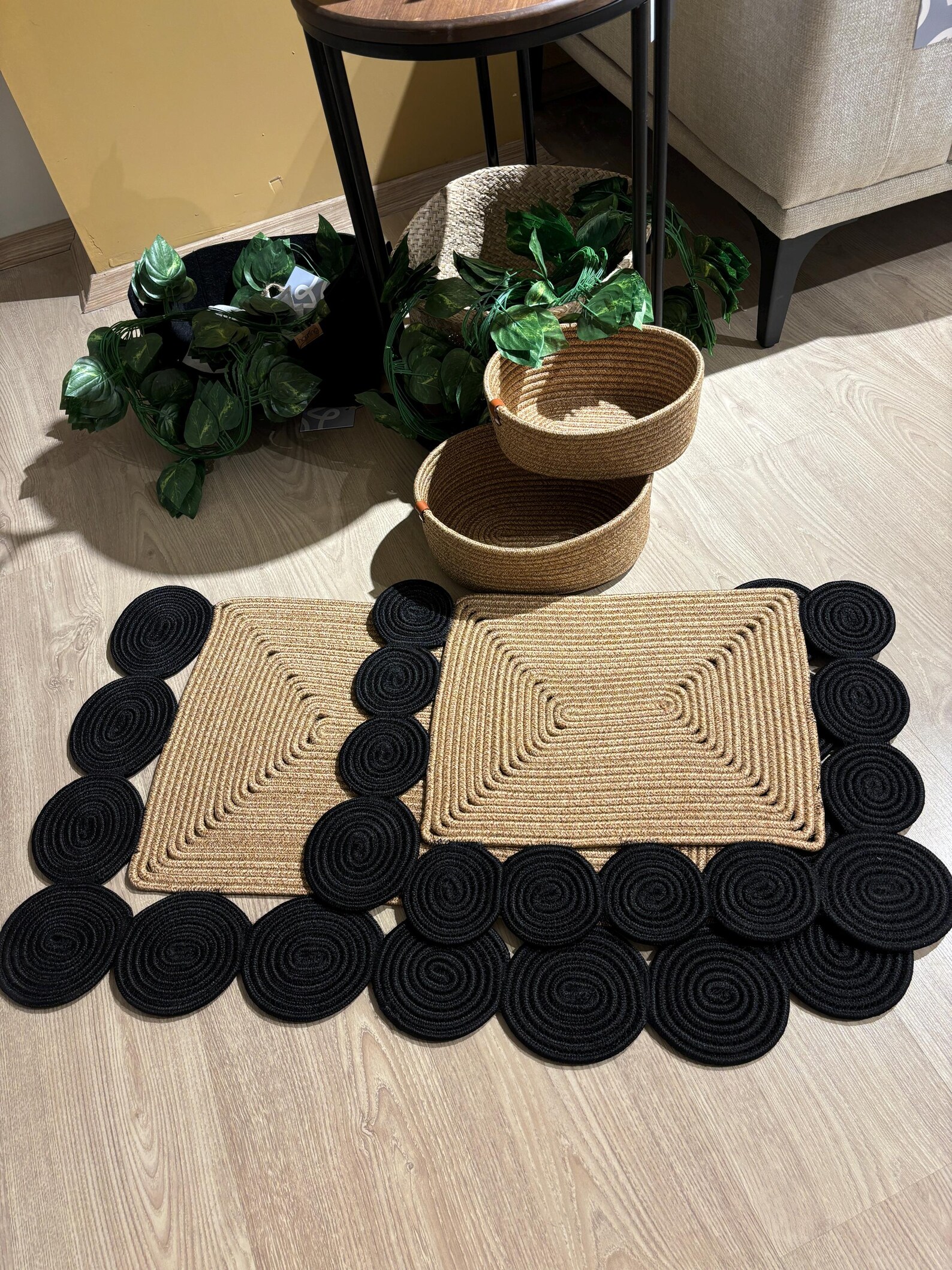 Handbraided Jute Bath Mat and Basket Set, Bohemian Decor - Etsy