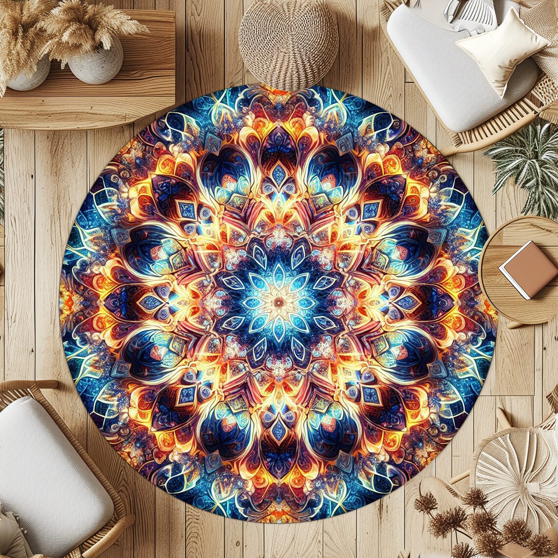 Mandala Round Rug, Pointillism Art Mandala Rug, Neon Round Rug,mandala ...