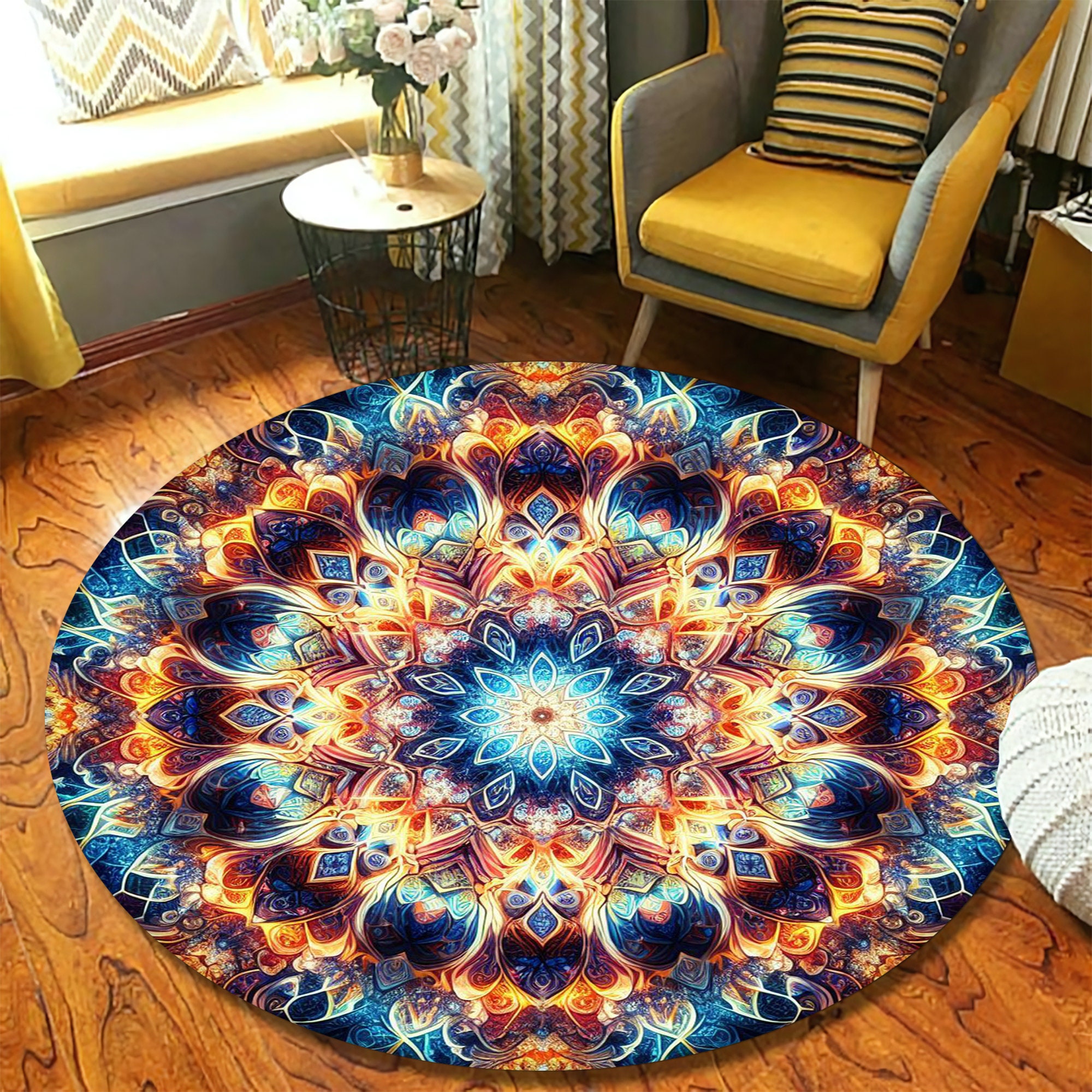 Mandala Round Rug, Pointillism Art Mandala Rug, Neon Round Rug,mandala ...