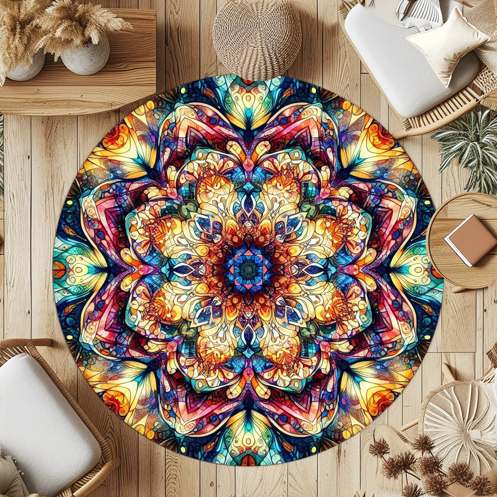 Mandala Round Rug, Pointillism Art Mandala Rug, Neon Round Rug,mandala ...