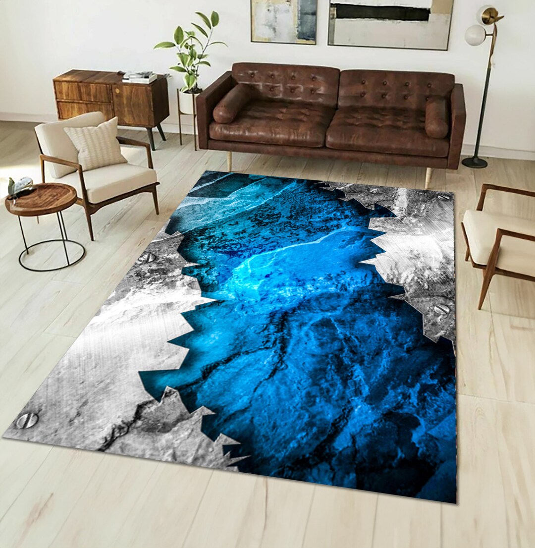 Stone Design Rug, Cracked Design, Blue, White Rug, 3D Illusion Rug ...