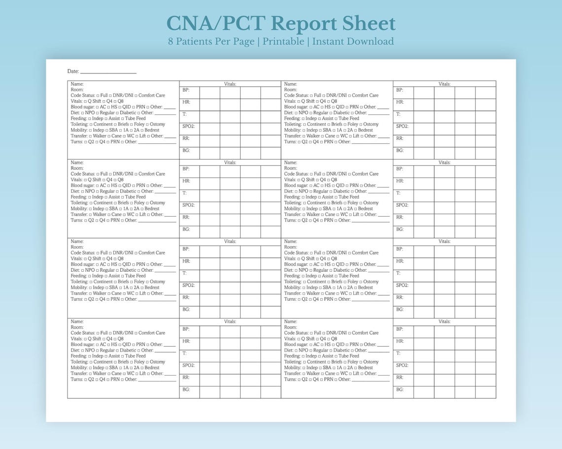 CNA PCT Report Sheet Bundle: Patient Care Checklist (printable PDF) - Etsy
