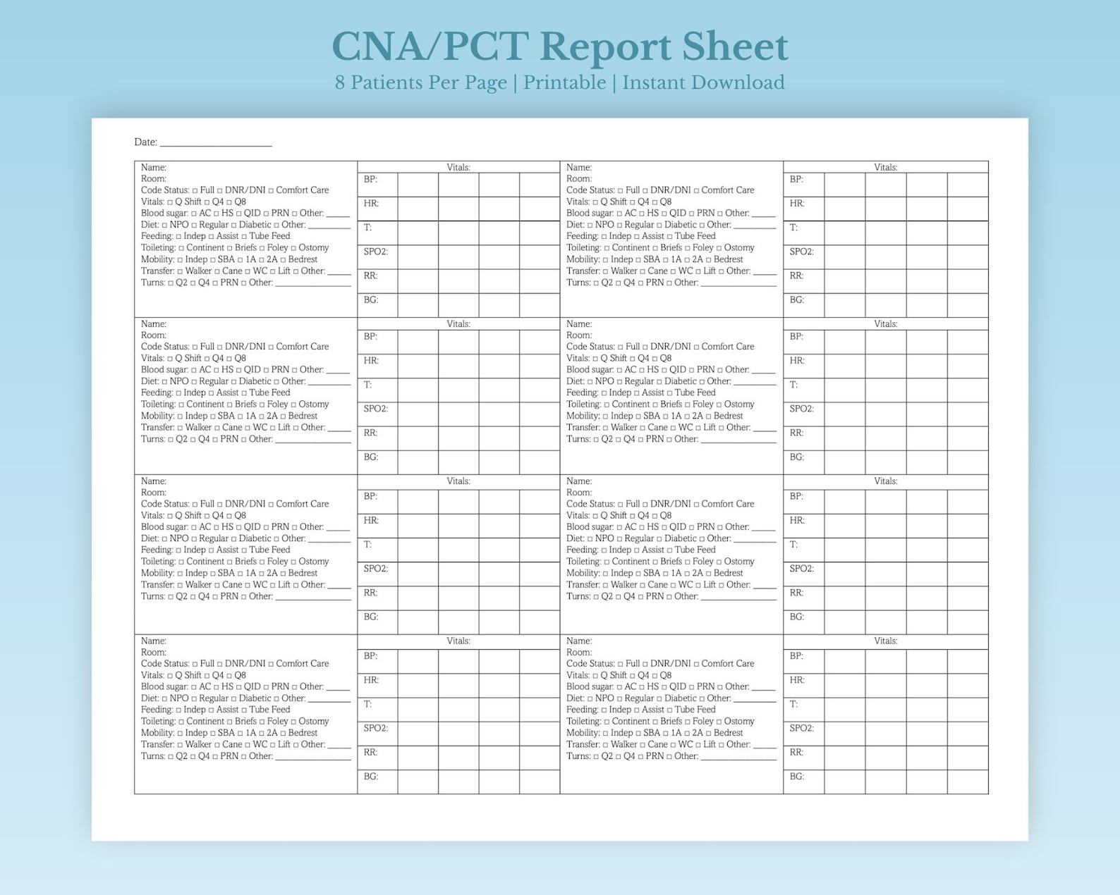 CNA PCT Report Sheet Bundle: Patient Care Checklist (printable PDF) - Etsy