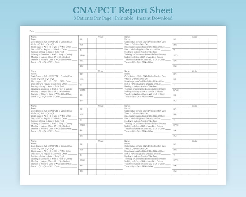 CNA PCT Report Sheet Bundle: Patient Care Checklist (printable PDF) - Etsy