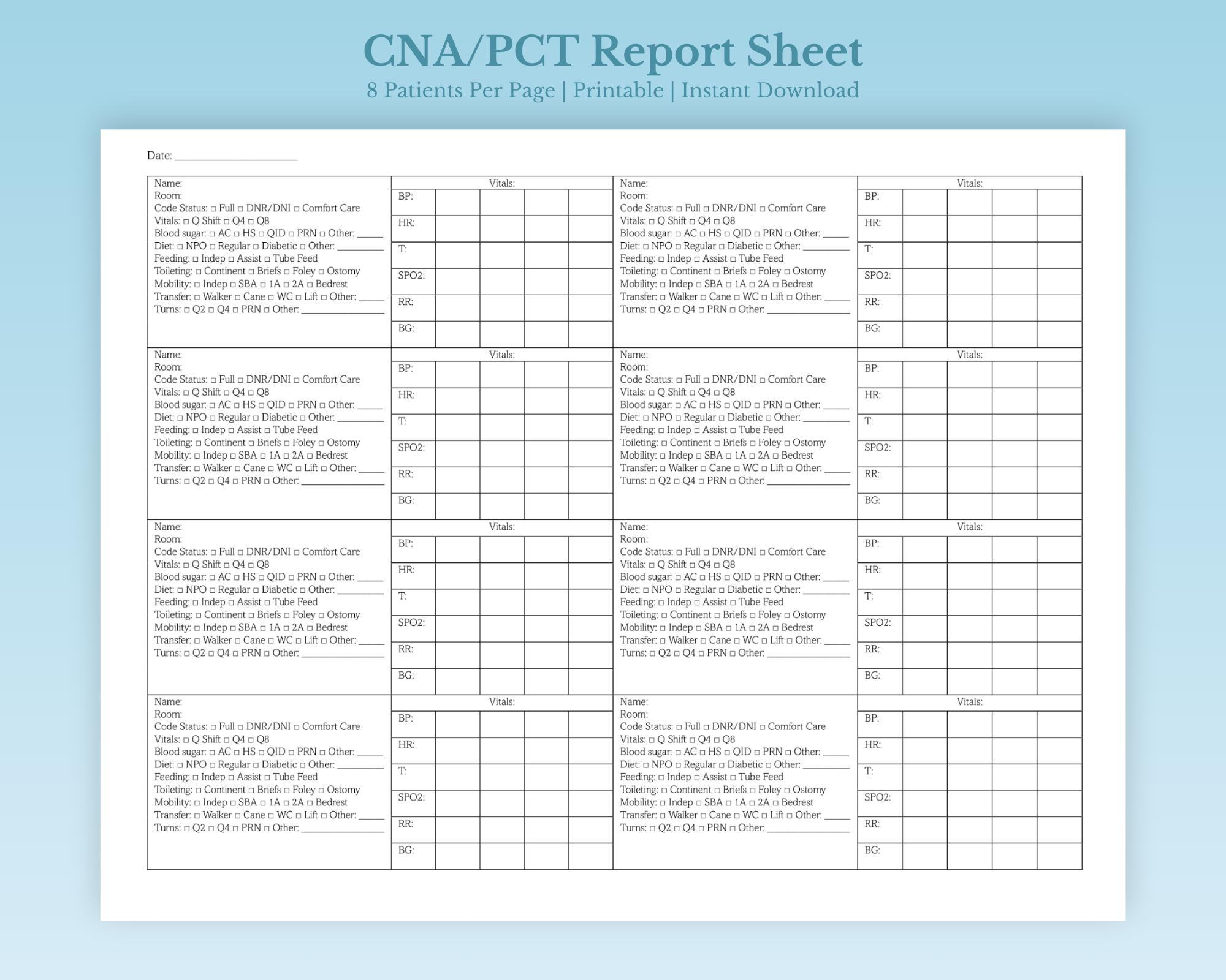 CNA PCT Report Sheet Bundle: Patient Care Checklist (printable PDF) - Etsy