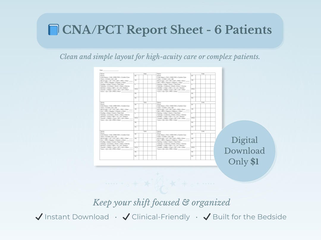 CNA PCT Report Sheet: 6 Patients, Vitals & Care (printable PDF) - Etsy