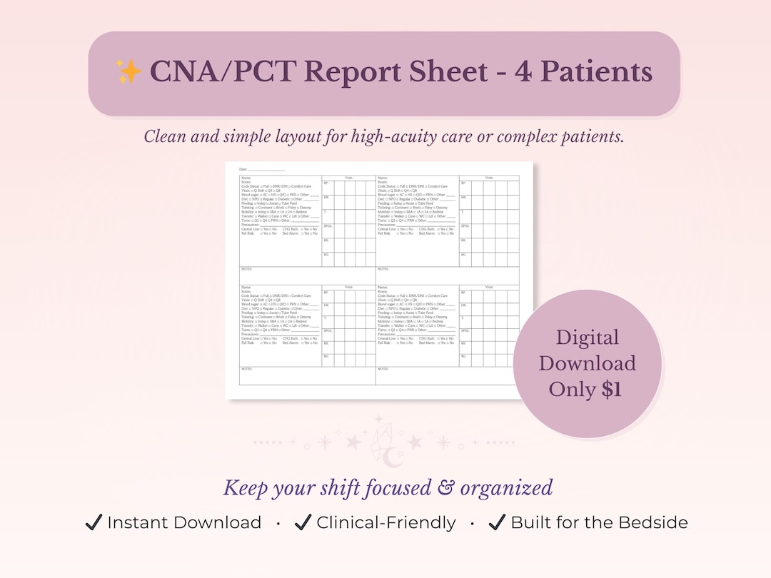 CNA PCT Report Sheet Printable | 4 Patients per Page | Digital Download ...