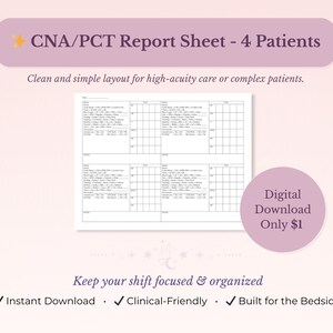 CNA PCT Report Sheet Printable | 4 Patients per Page | Digital Download ...