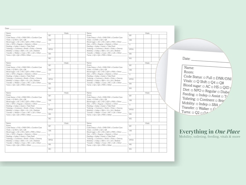 CNA PCT Report Sheet | 8 Patients per Page | Printable Shift Organizer ...