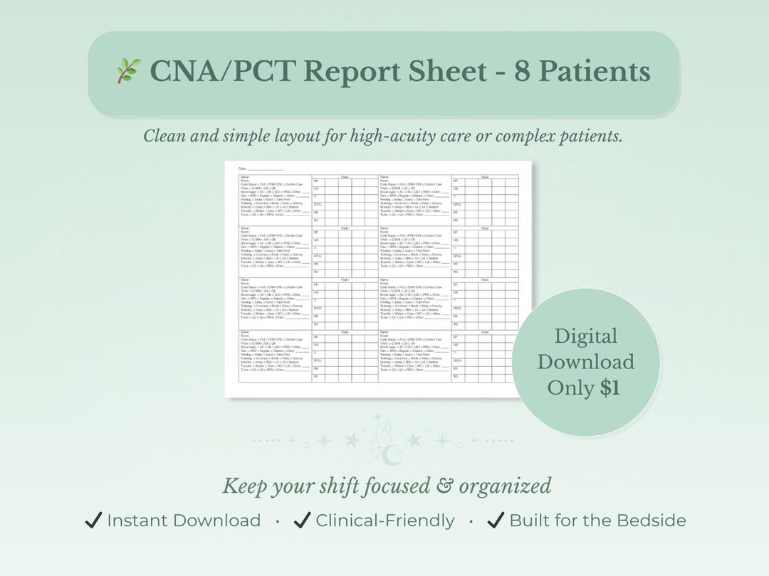 CNA PCT Report Sheet | 8 Patients per Page | Printable Shift Organizer ...