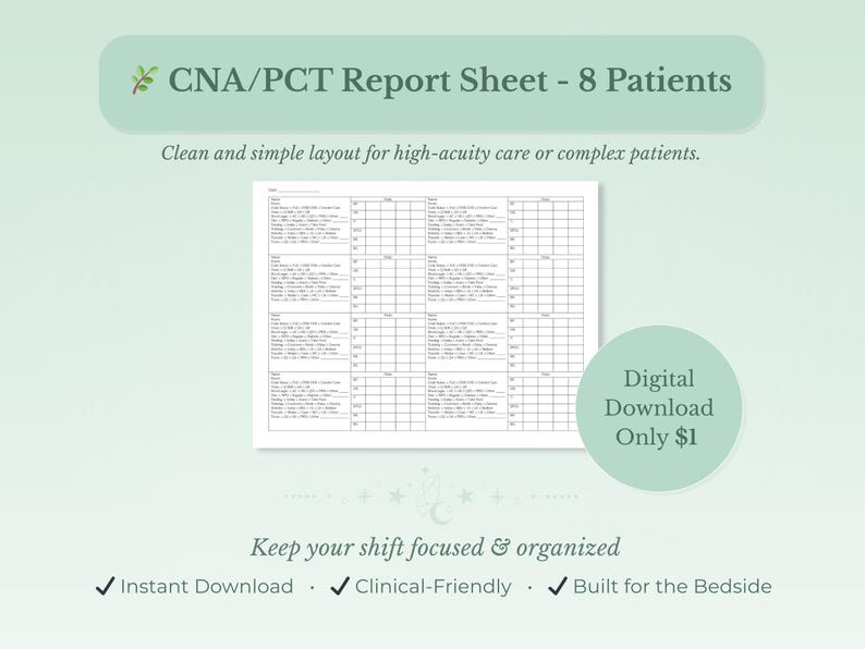 CNA PCT Report Sheet: 8 Patient Shift Organizer (printable PDF) - Etsy