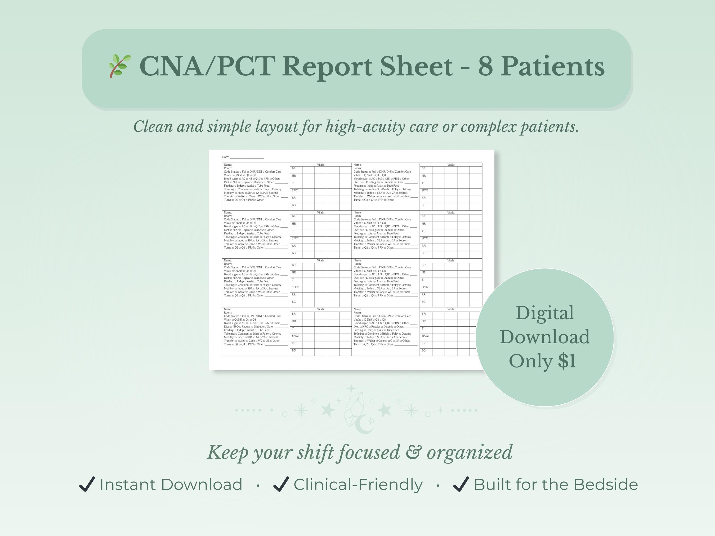 CNA PCT Report Sheet: 8 Patient Shift Organizer (printable PDF) - Etsy