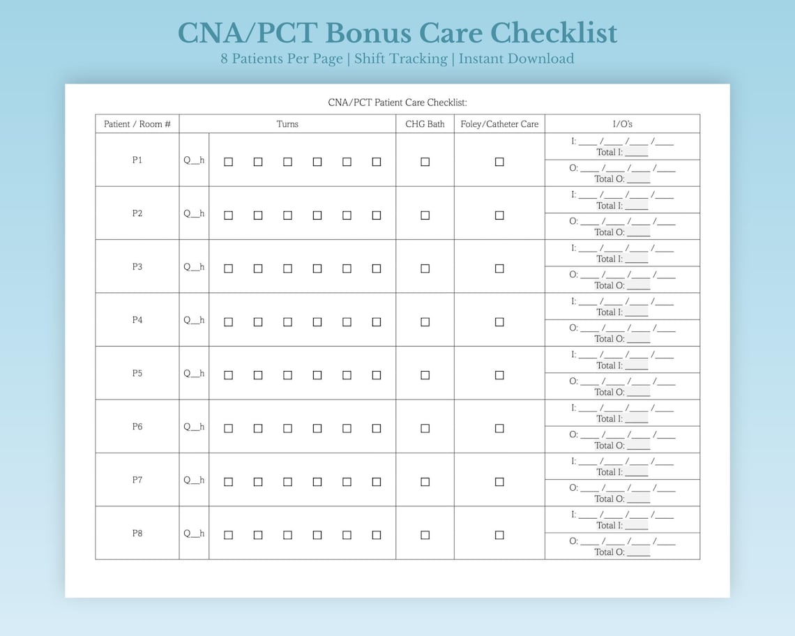 CNA PCT Report Sheet Bundle: Patient Care Checklist (printable PDF) - Etsy
