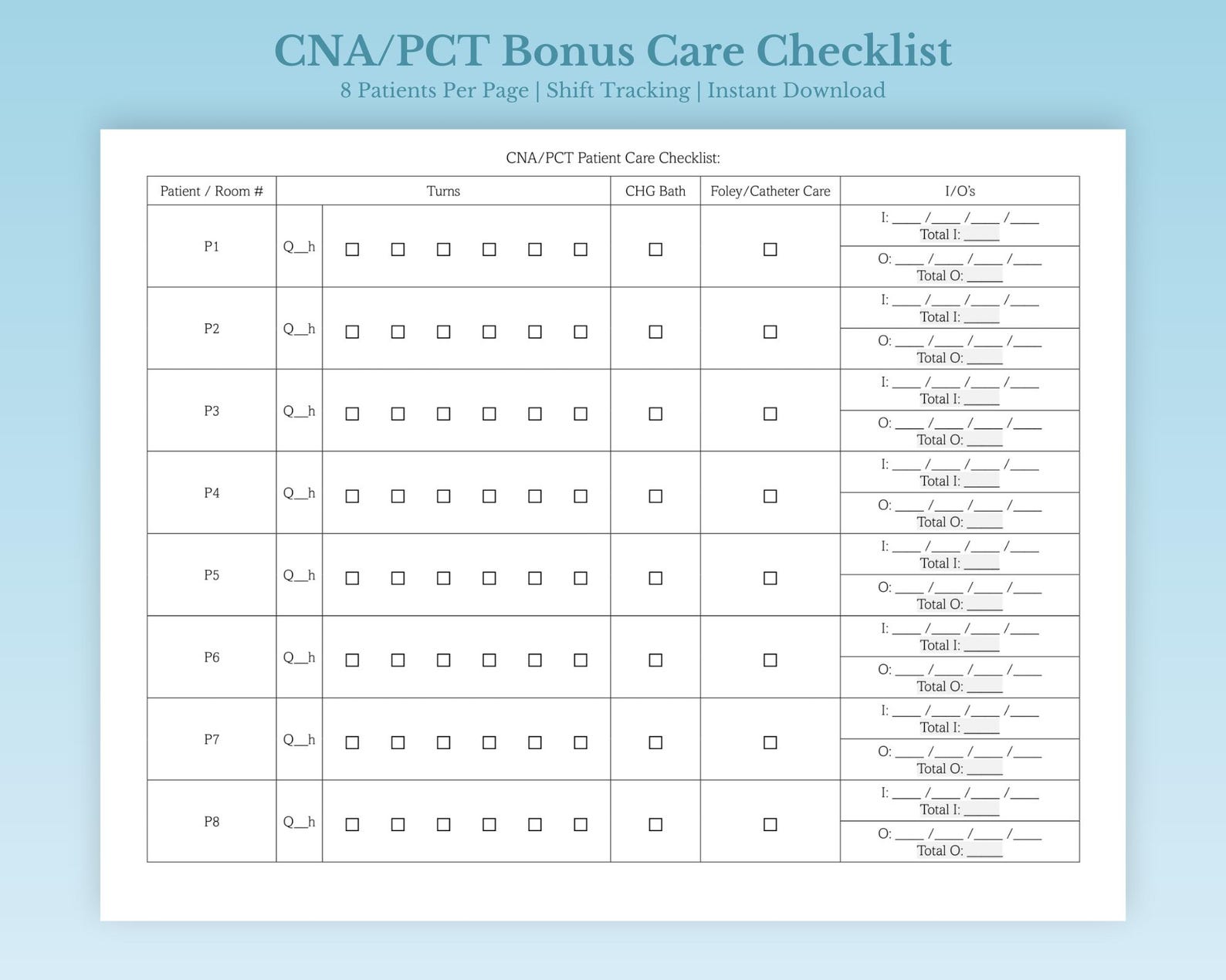 CNA PCT Report Sheet Bundle: Patient Care Checklist (printable PDF) - Etsy