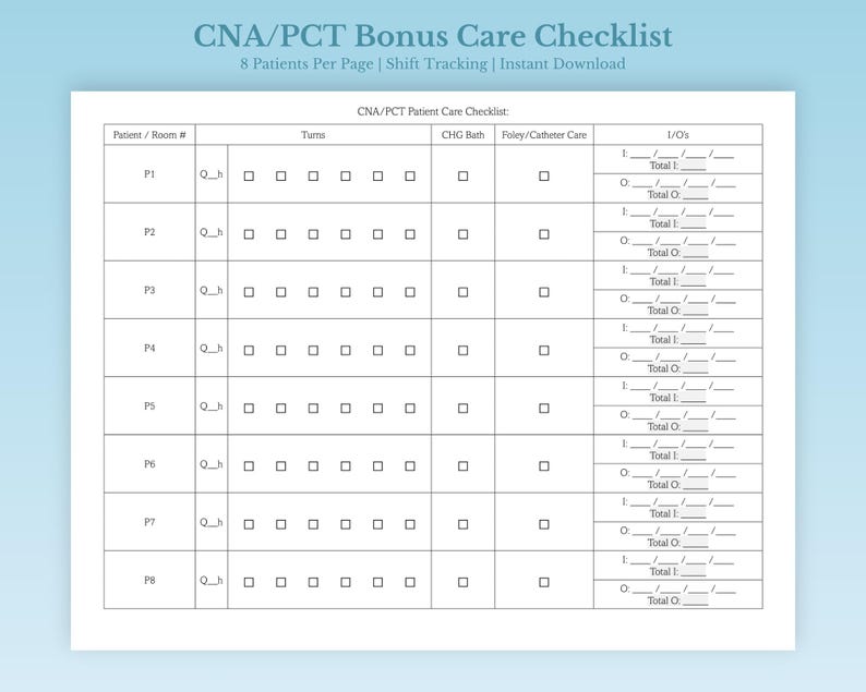 CNA PCT Report Sheet Bundle: Patient Care Checklist (printable PDF) - Etsy