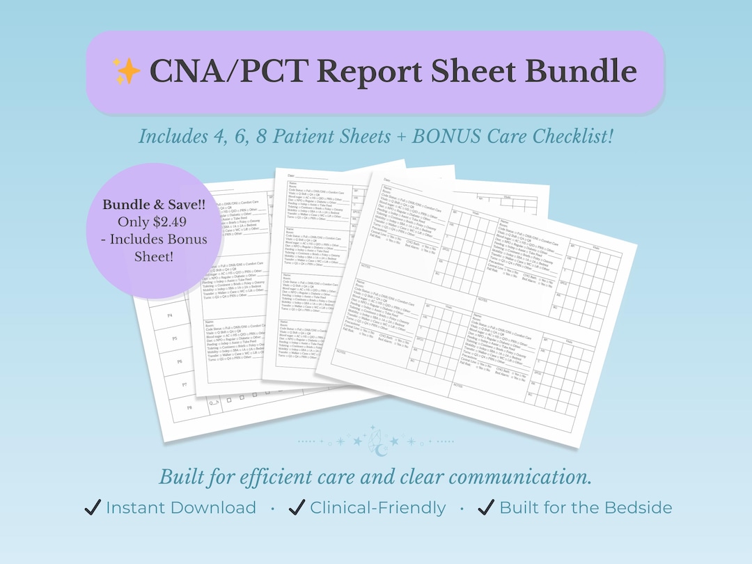CNA PCT Report Sheet Bundle | Printable Brain Sheet for 4, 6, 8 ...
