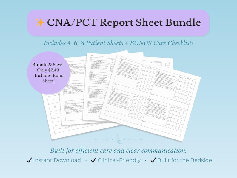 CNA PCT Report Sheet Bundle: Patient Care Checklist (printable PDF) - Etsy