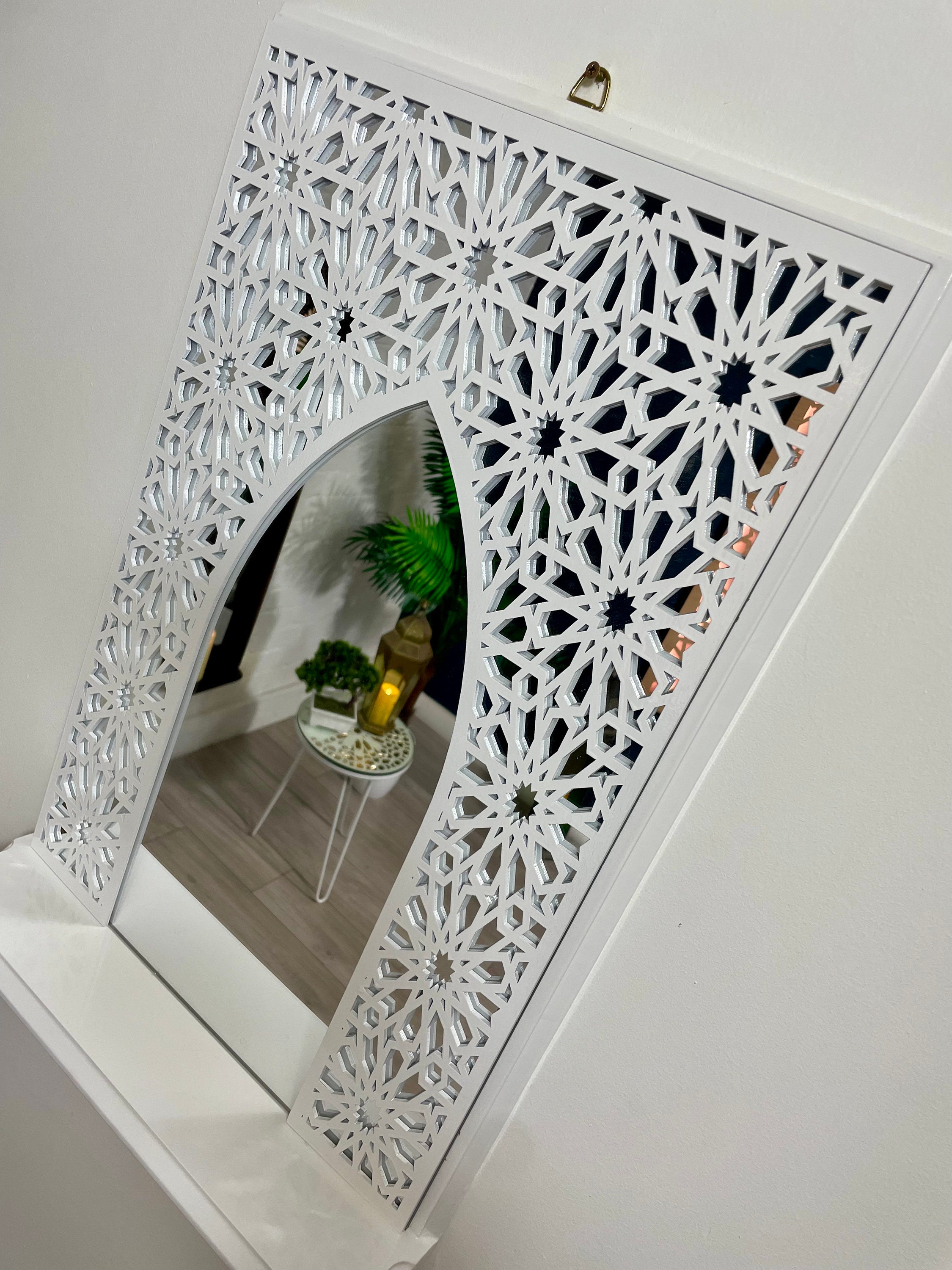 White Moroccan Mirror Arched Style With Geometric Pattern 63x43cm - Etsy