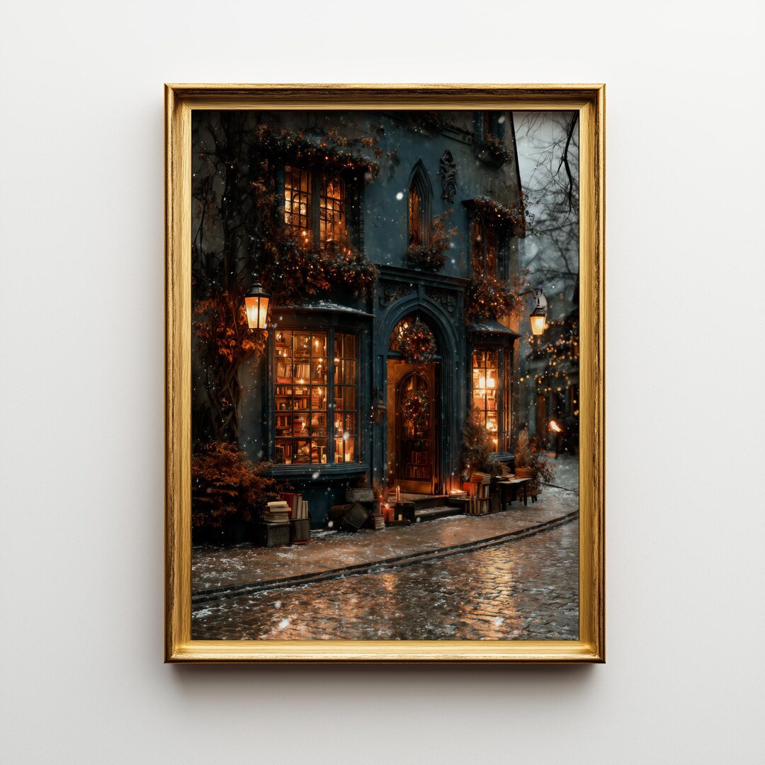 Christmas Wall Art Printable | Snowy Bookstore Holiday Scene | Digital ...