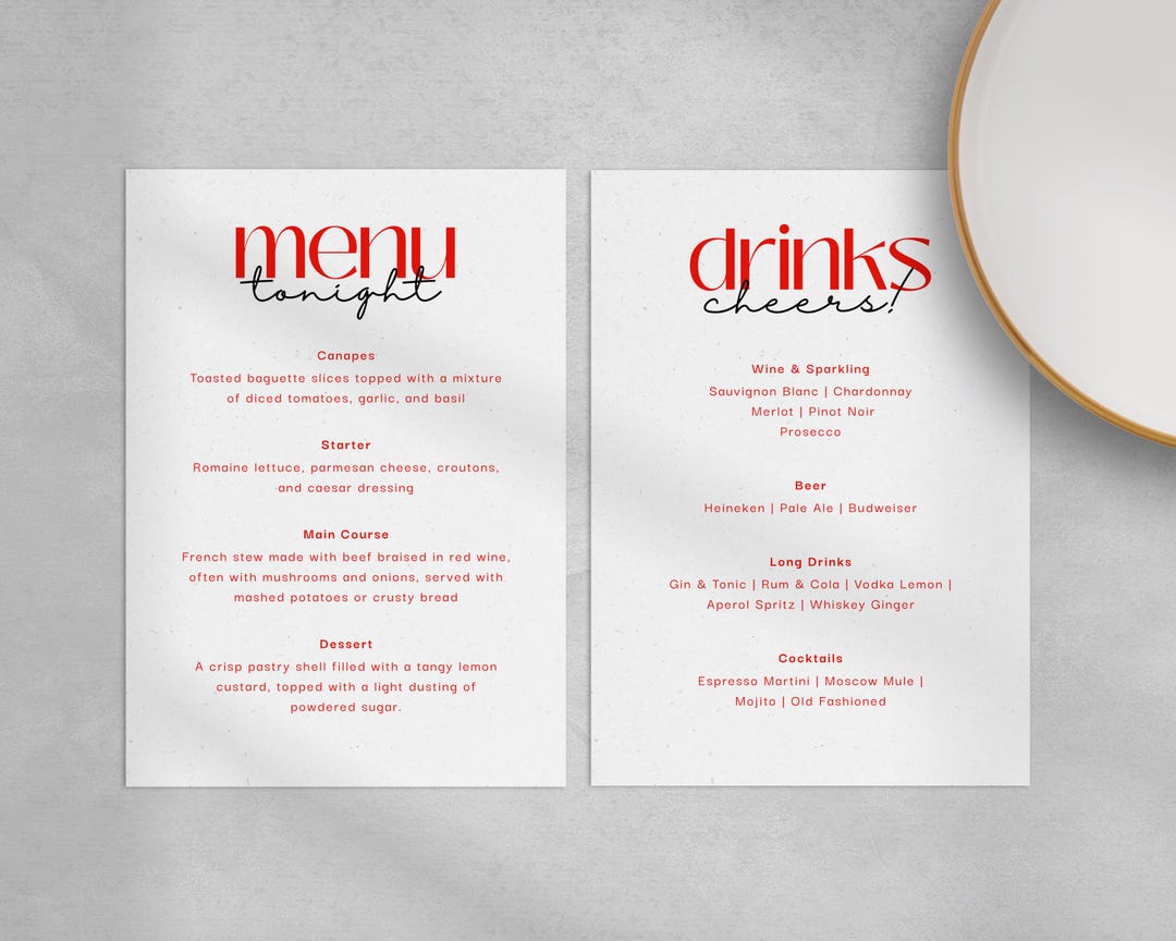 Modern Red Wedding Menu Template: Editable Canva Design (digital ...