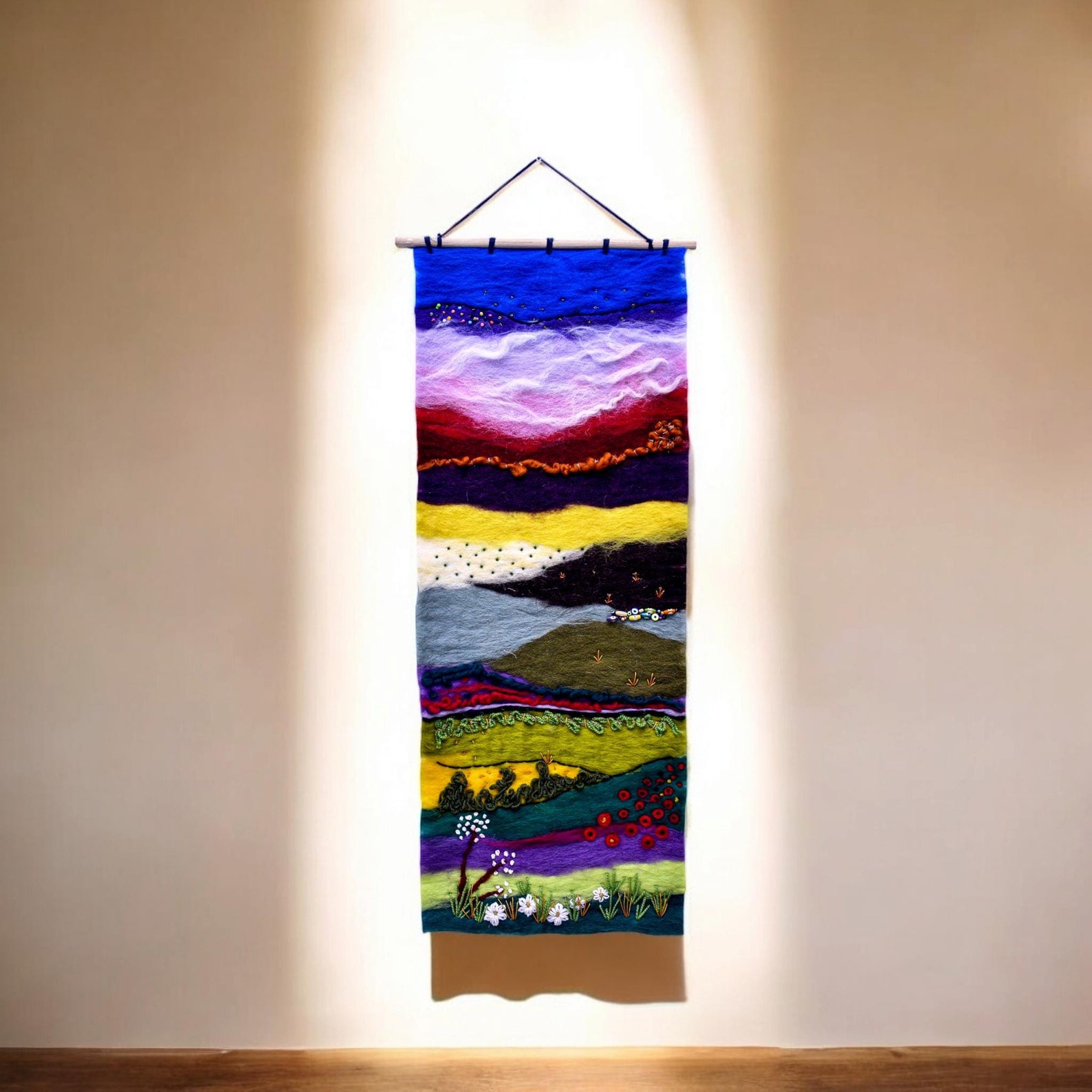 Felted Tapestry Wall Hanging, Embroidered Wall Art Vertical, Landscape ...