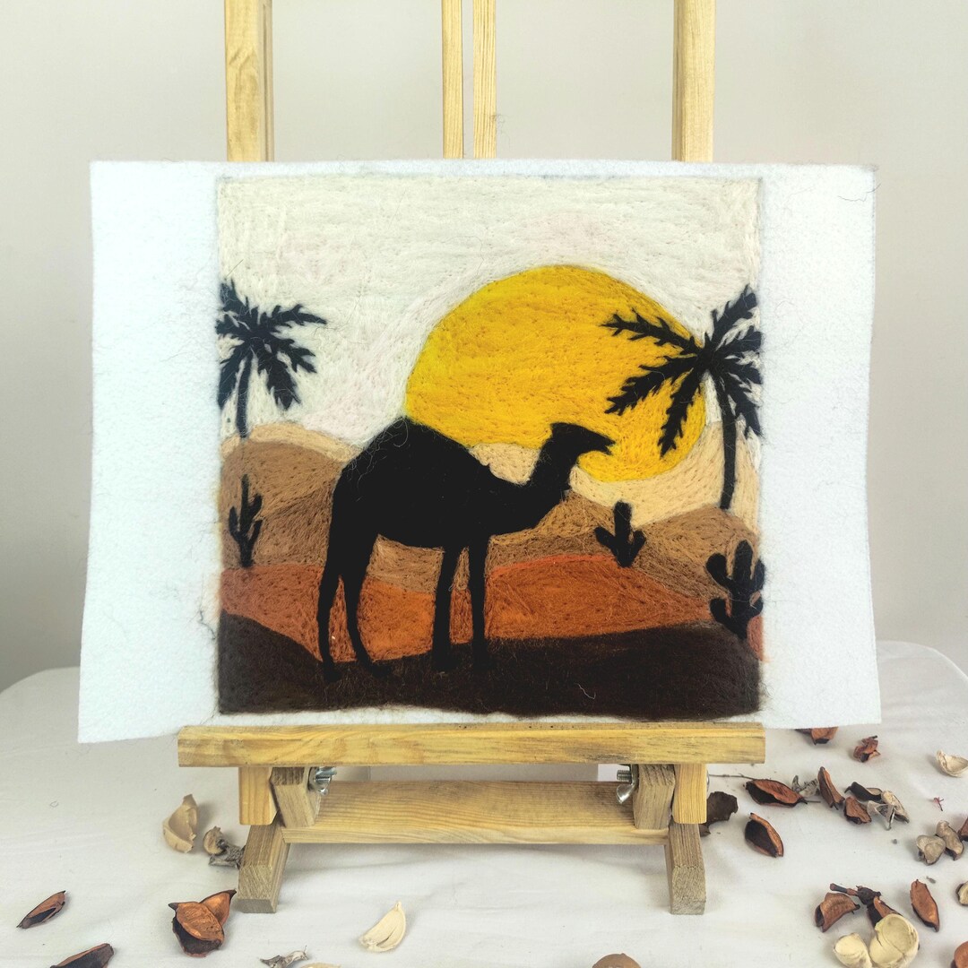 Camel in Desert Felt Wall Art, Abstract Landscape, Colorful Sunset ...