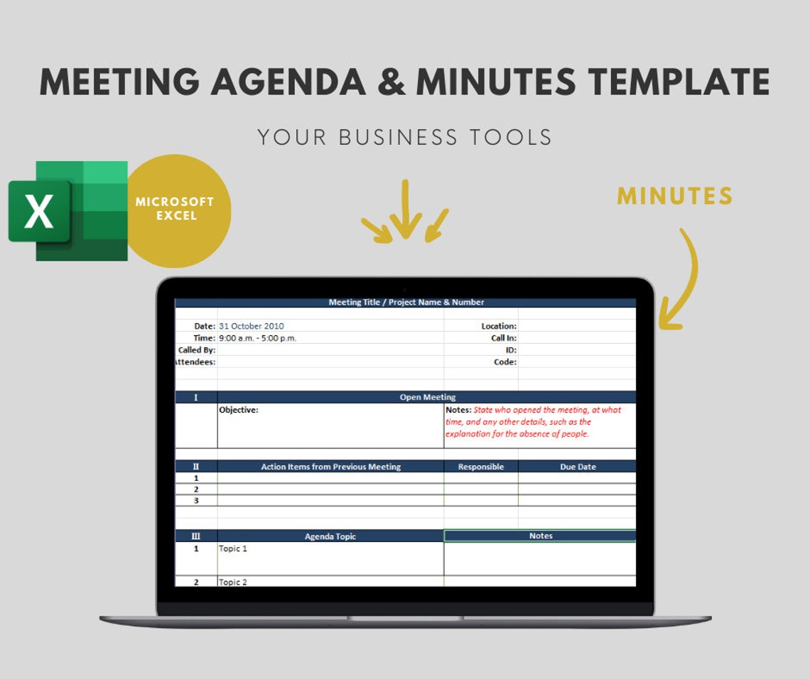 Meeting Agenda and Minutes Template Microsoft Excel Digital Template - Etsy