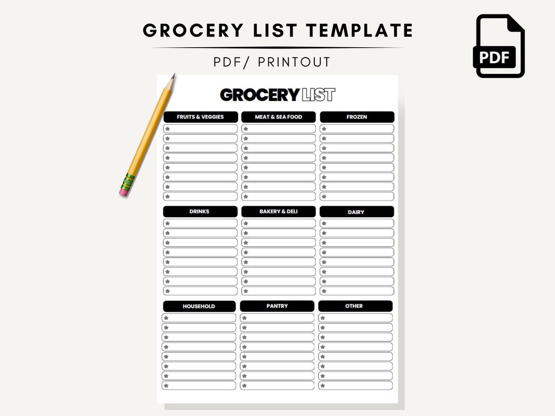 Grocery List Template Digital PDF Template Food List Shopping List - Etsy