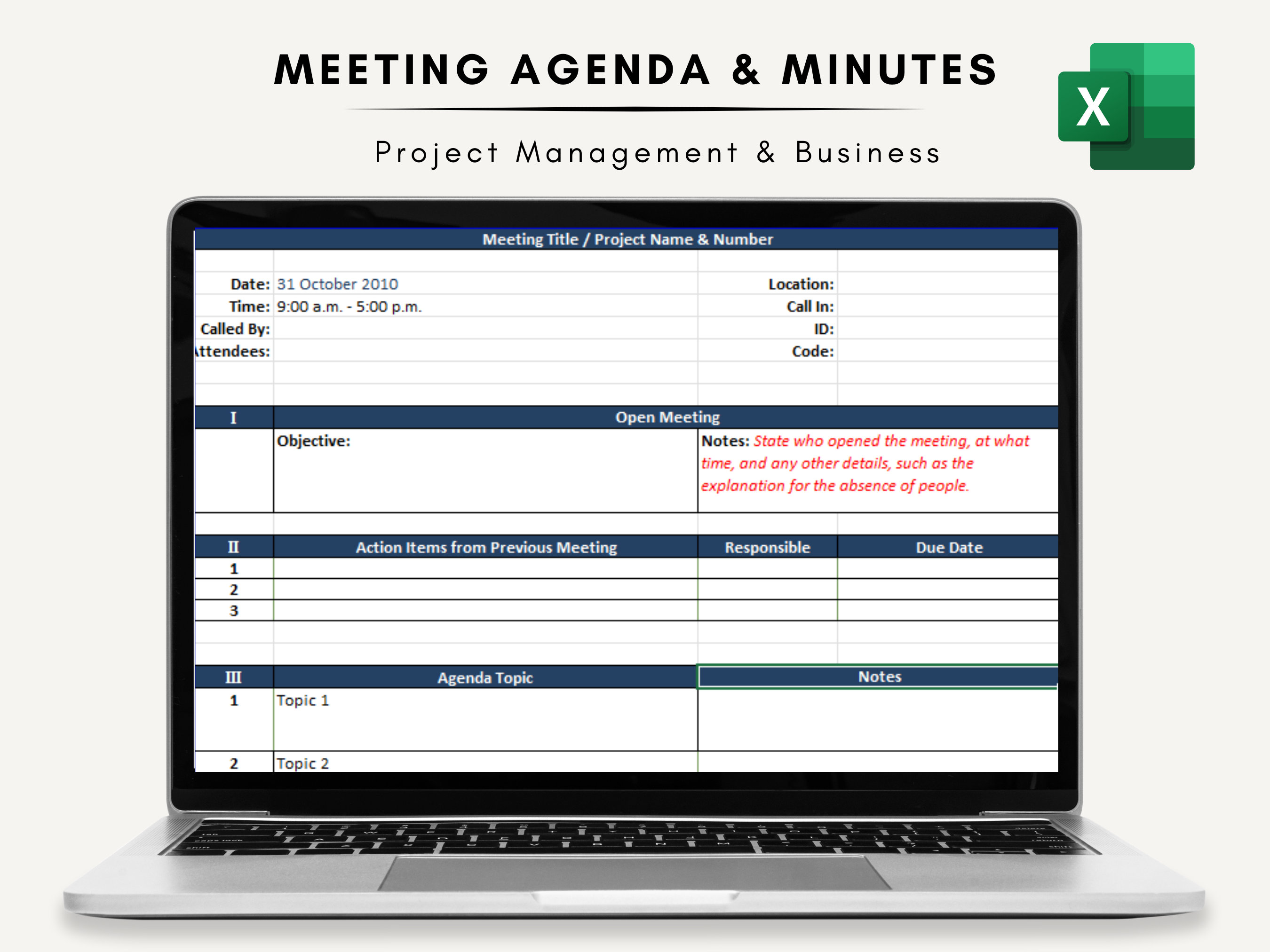 Meeting Agenda and Minutes Template | Microsoft Excel | Digital ...