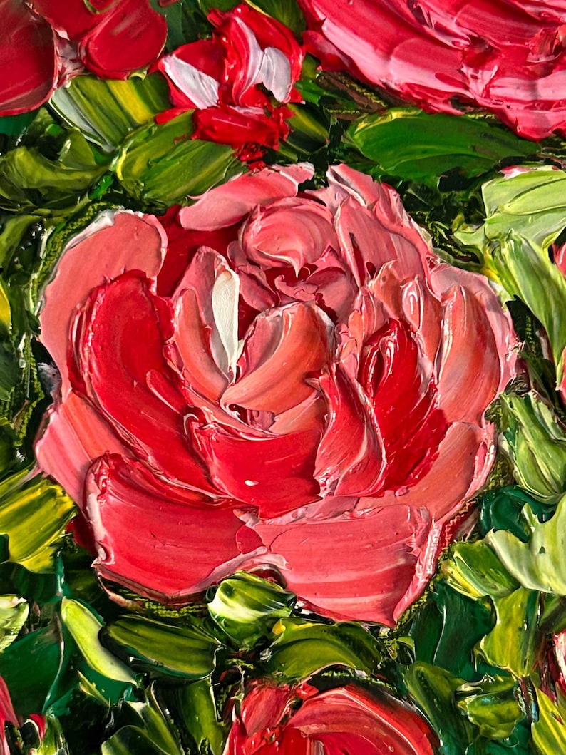 Textured Red Roses Oil Painting: Floral Bouquet in Blue Vase (10x8 ...
