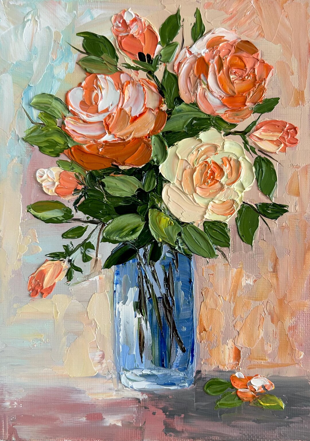 Small Pink Roses Oil Painting: Impasto Floral Art, Framed 7x5 - Etsy