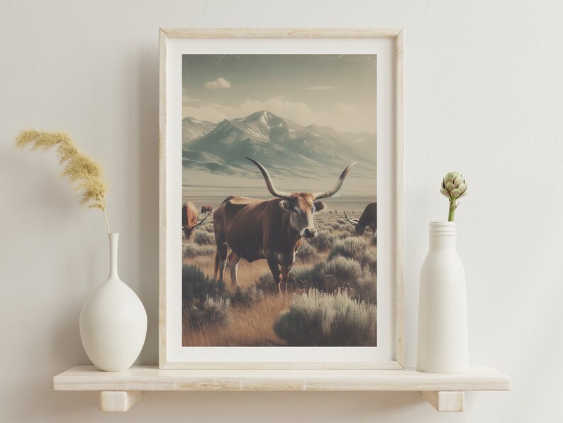 Printable Vintage Western Longhorn Cattle Landscape Retro Photo ...