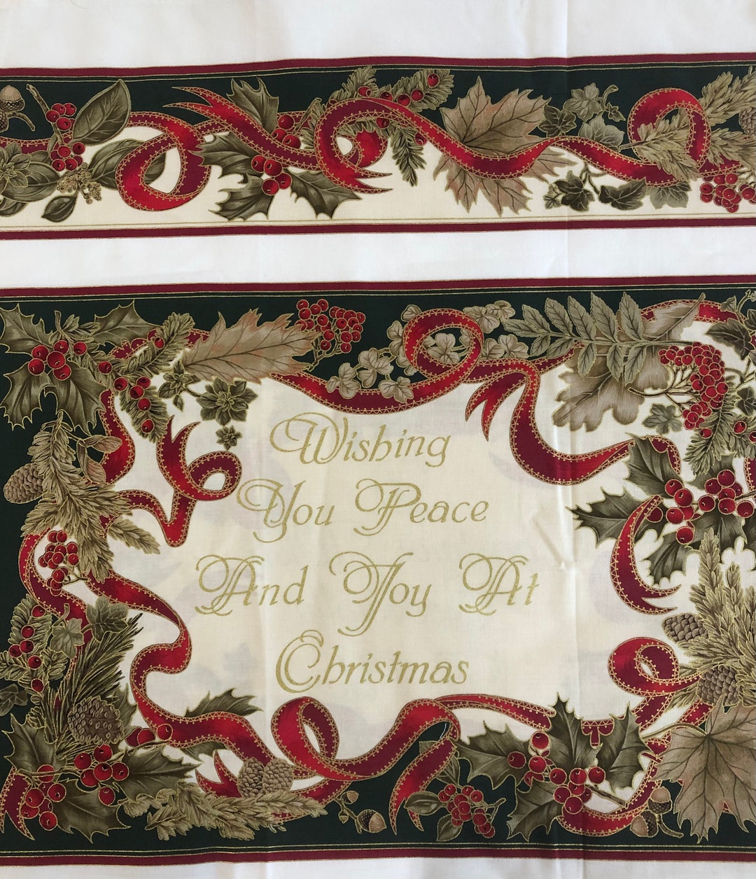 SALE - Christmas Ribbon Pillow Panel for Two Pillows Plus One Yard of ...