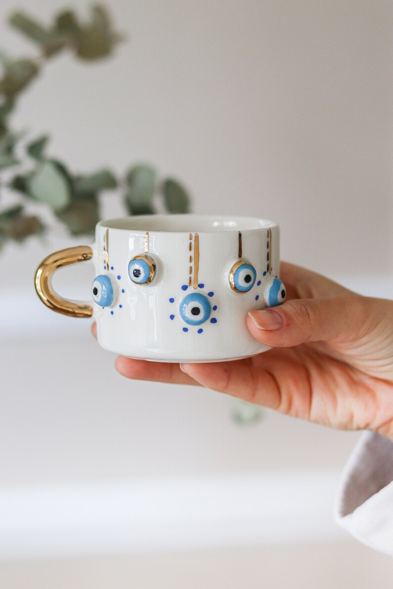 Nazar Handmade Ceramic Mug 24k Gold Handle Natural Ceramic Mug Glazed ...